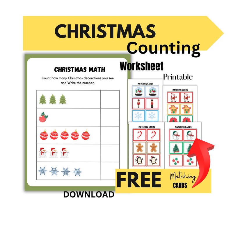 Christmas Math Printable Counting Worksheet Kids Packet Downloadable ...
