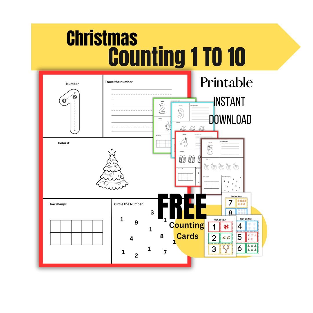 Christmas Number Tracing Worksheet: Pre-k Counting Cards Digital ...