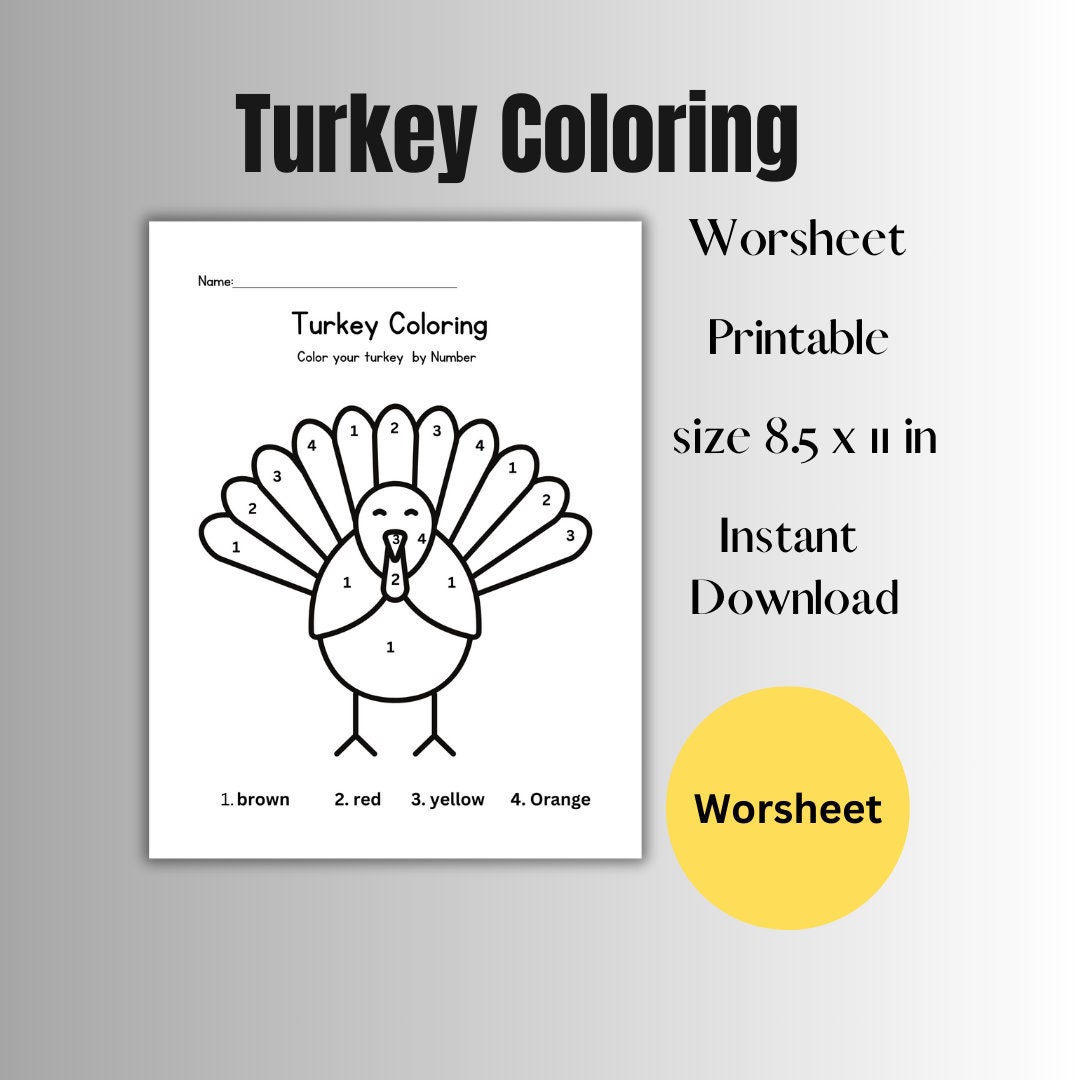 Turkey Color by Number Worksheet: Thanksgiving Printable Digital ...
