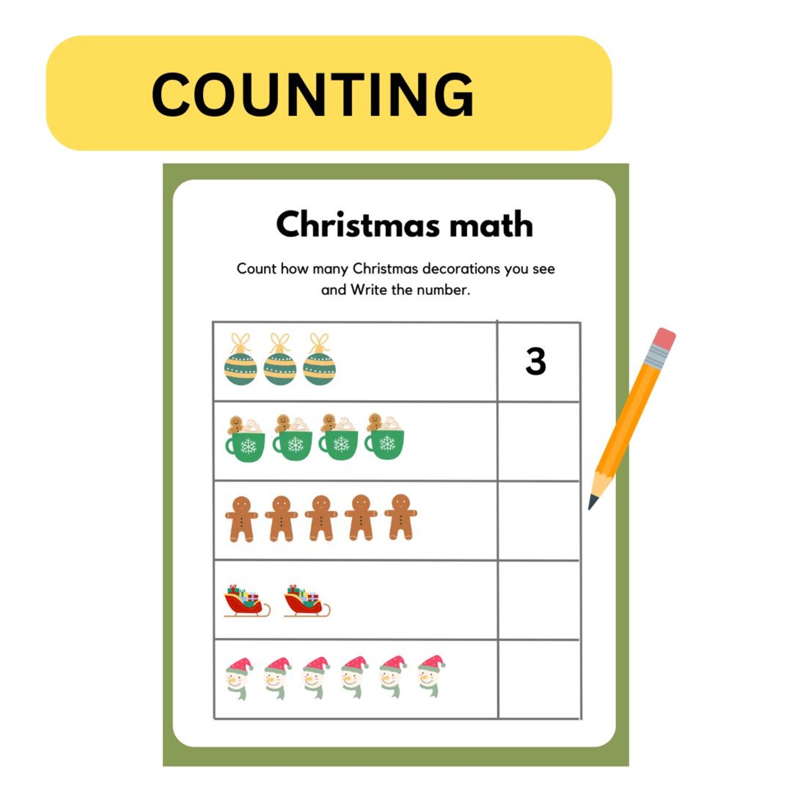 Christmas Math Printable Counting Worksheet Kids Packet Downloadable ...