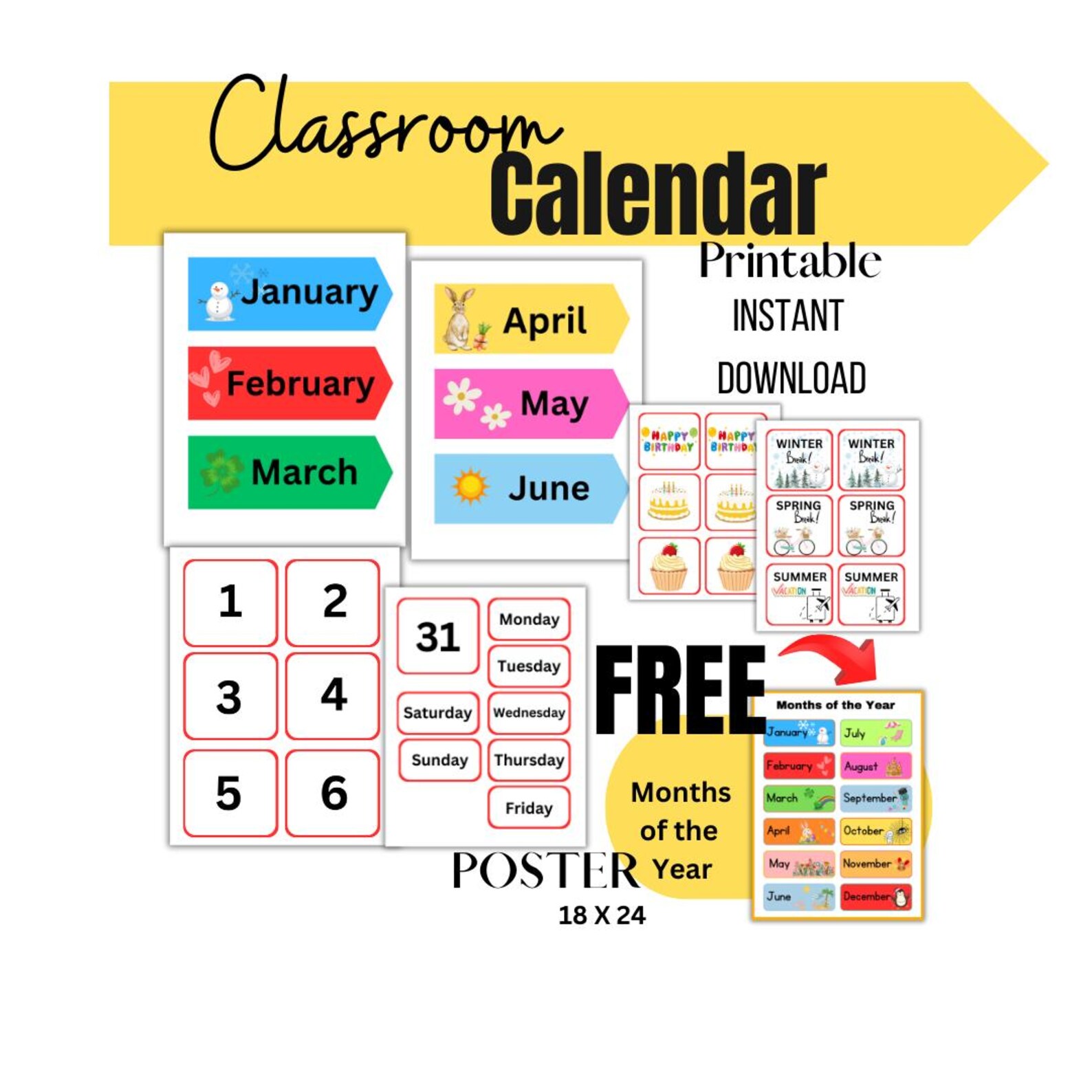 Classroom Calendar Printable: Months of the Year Poster Digital ...