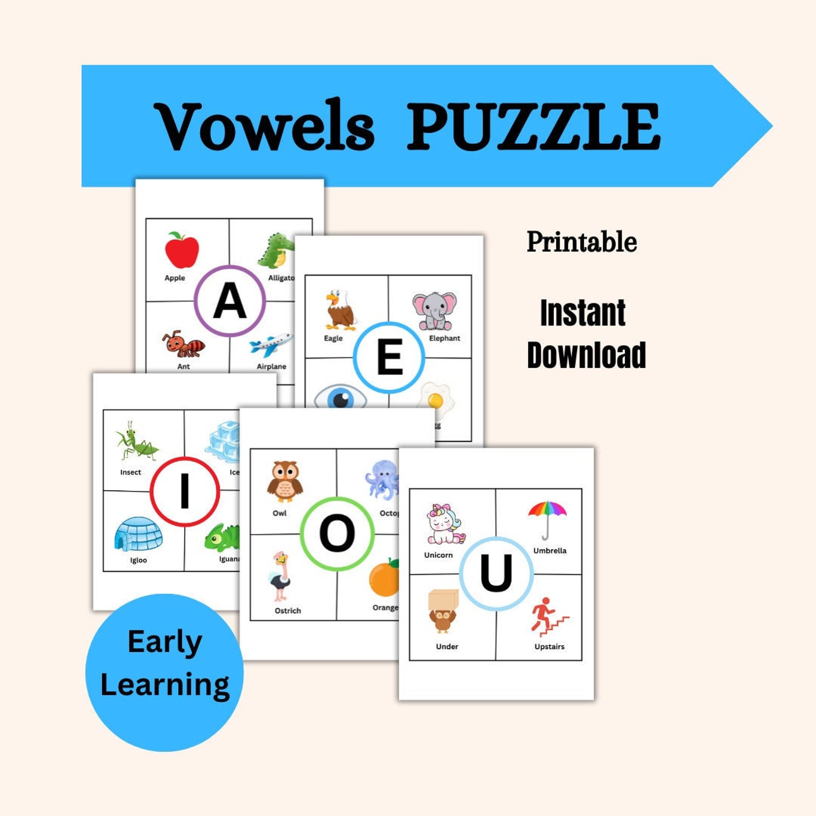 Vowels Puzzle Digital Preschool Worksheet Downloadable Puzzle Fun ...