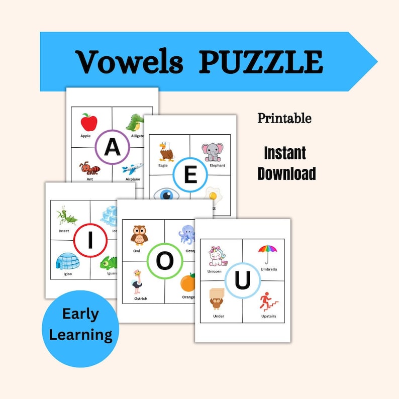 Vowels Puzzle: Early Learning Printable Worksheet (PDF) - Etsy
