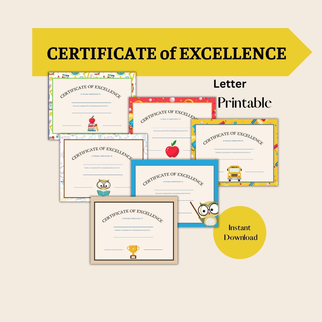 Certificate of Excellence Printable: Kids School Graduation Pdf Digital ...