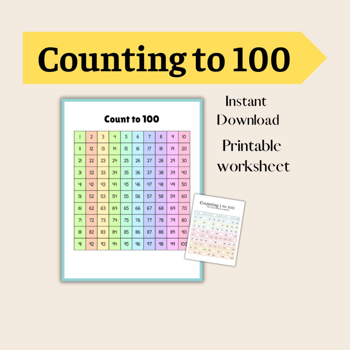 100 Chart Numbers Printable Sheet Learning Counting to 100 Kids Writing ...