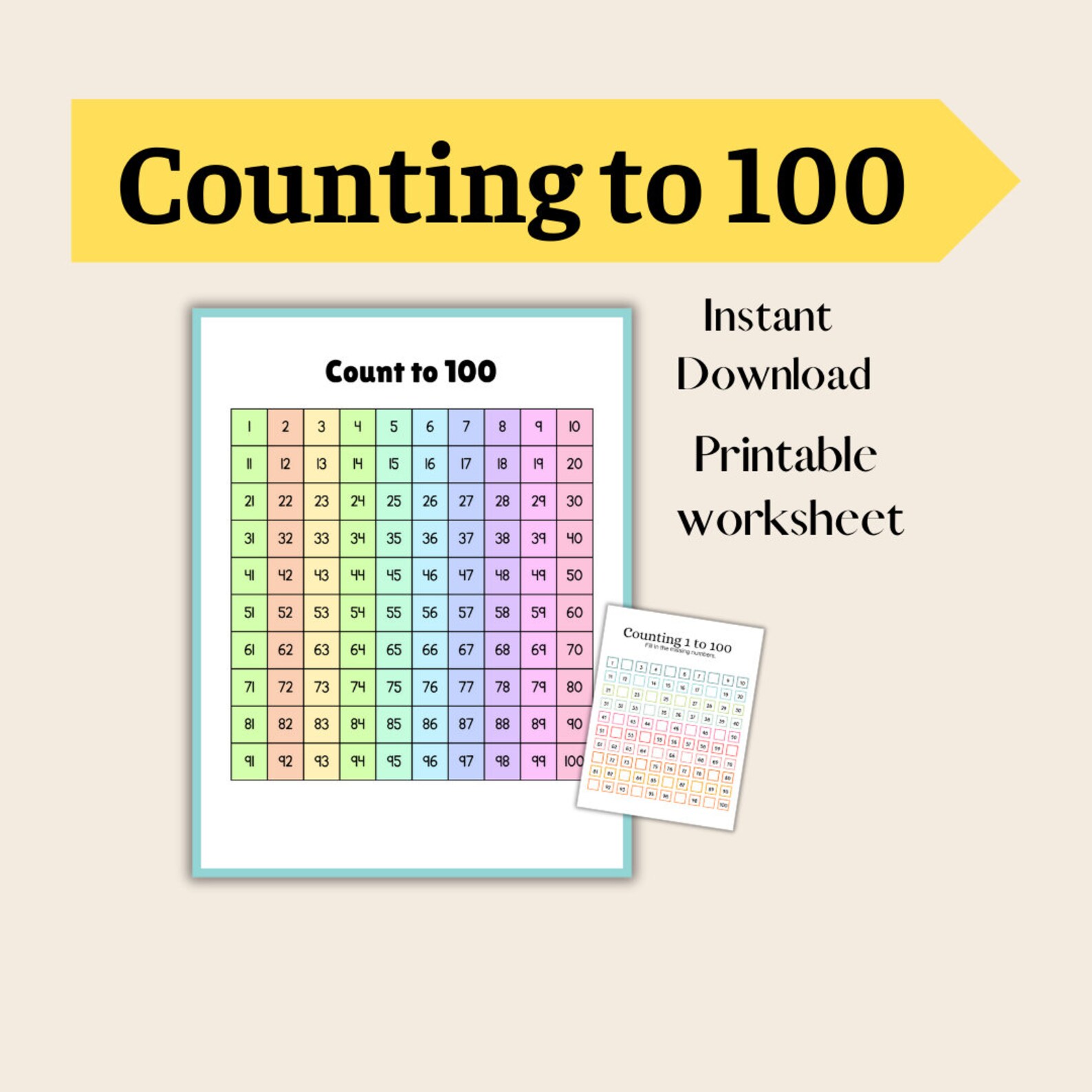 100 Chart Numbers Printable Sheet Learning Counting to 100 Kids Writing ...