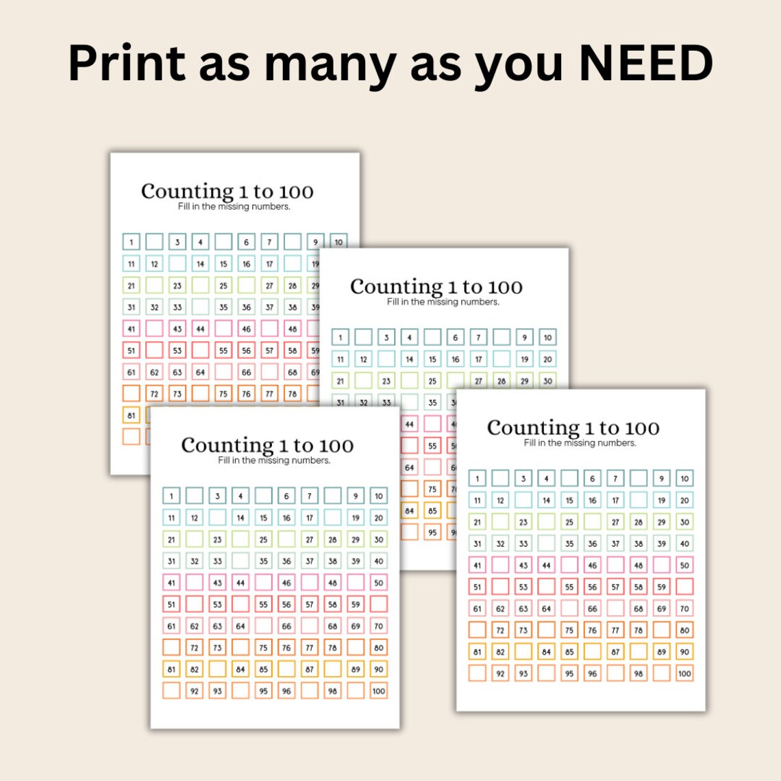 100 Chart Numbers Printable Sheet Learning Counting to 100 Kids Writing ...