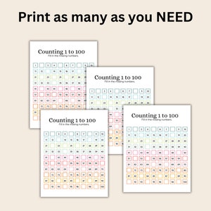 100 Chart Numbers Printable Sheet Learning Counting to 100 Kids Writing ...