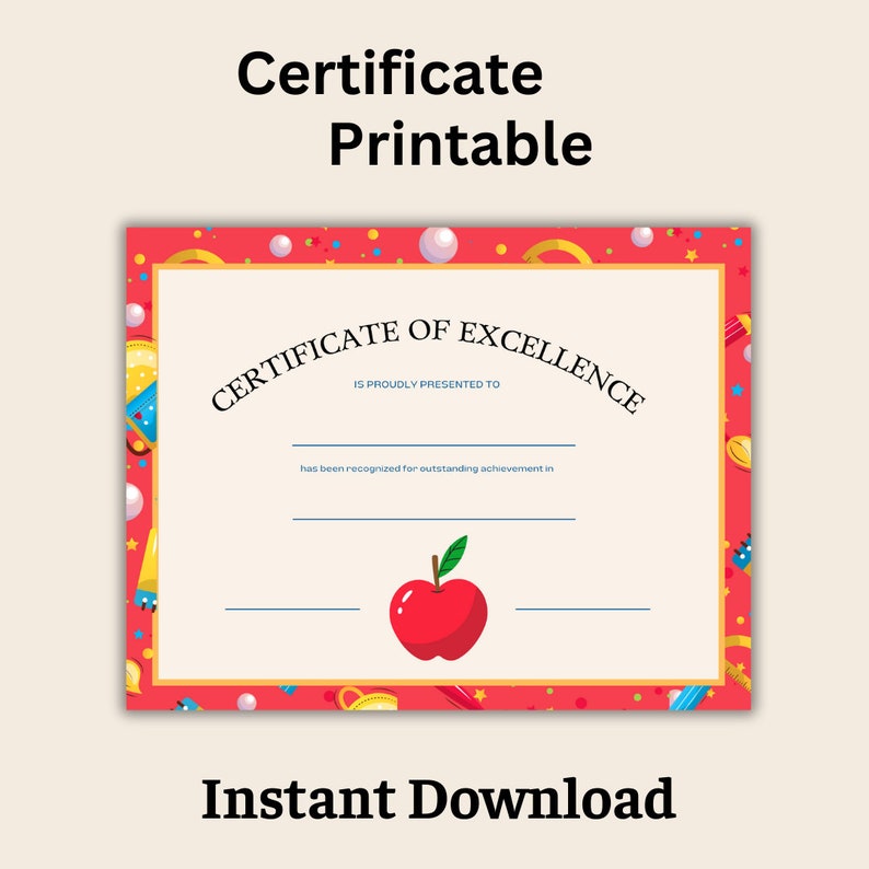 Certificate of Excellence Printable: Kids School Graduation Pdf Digital ...