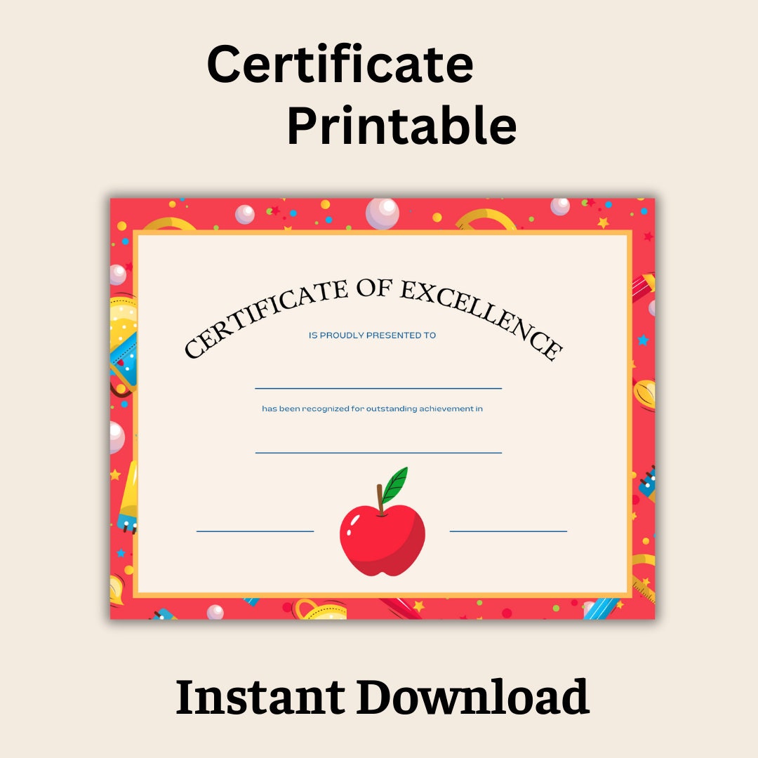 Certificate of Excellence Printable: Kids School Graduation Pdf Digital ...