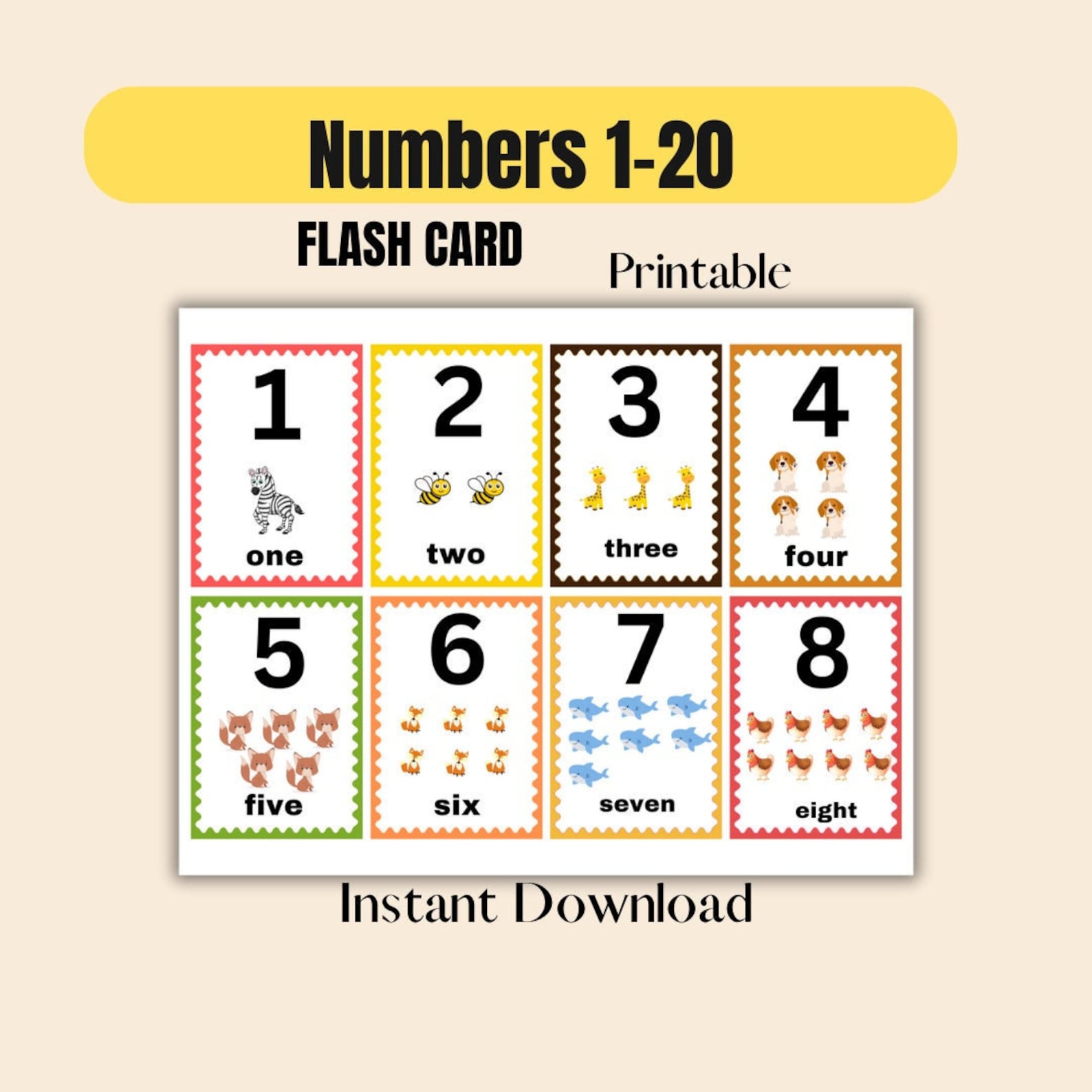 Printable Numbers 1-20 Flash Cards: Kindergarten Worksheet (PNG) - Etsy