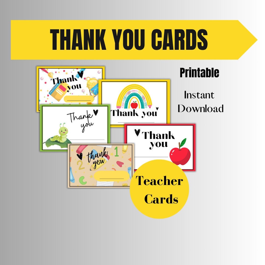 Pack of Thank You Cards Printable Colorful Teacher Cards Downloadable ...