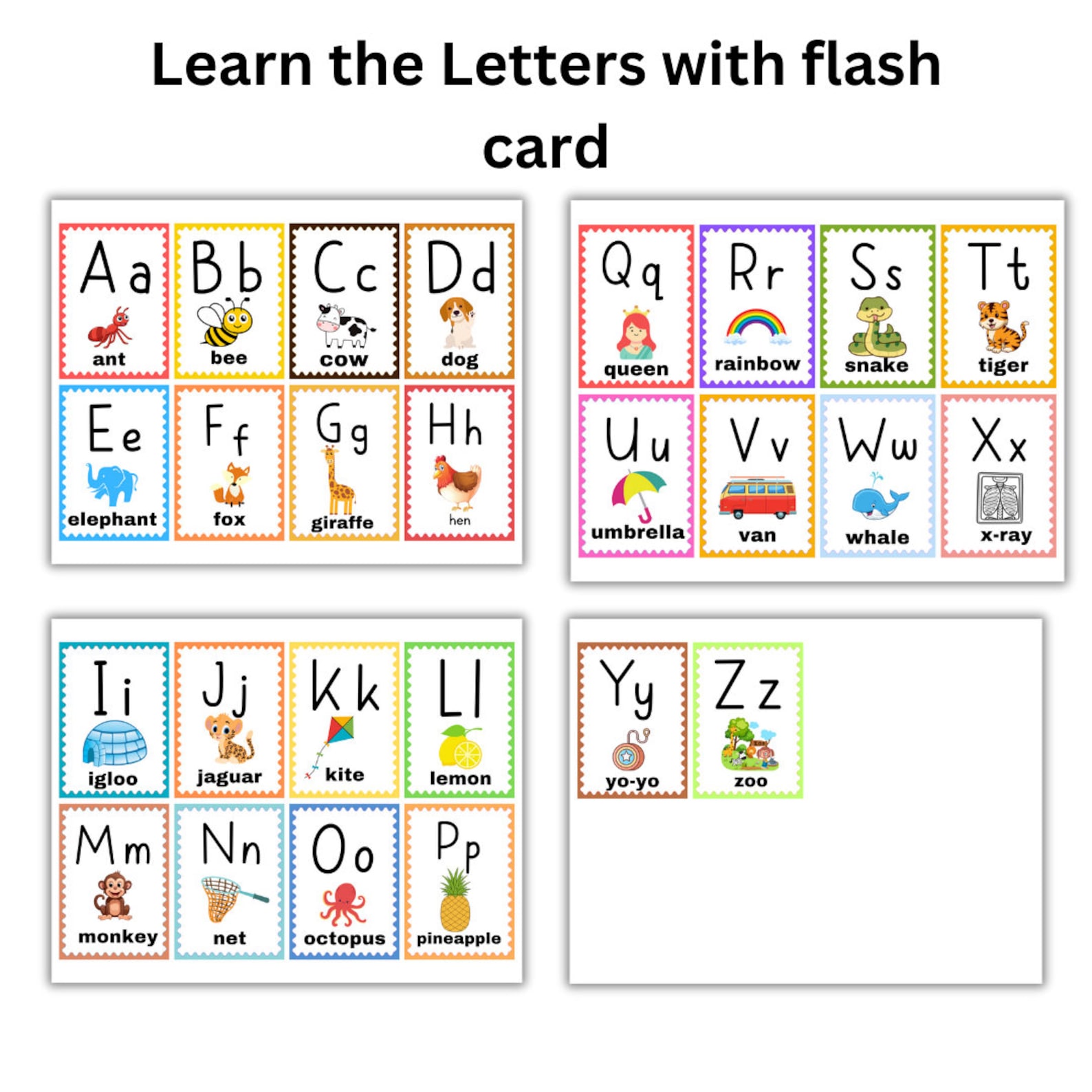 Alphabet Flash Cards A-Z Printable Learning Digital Download Colorful ...