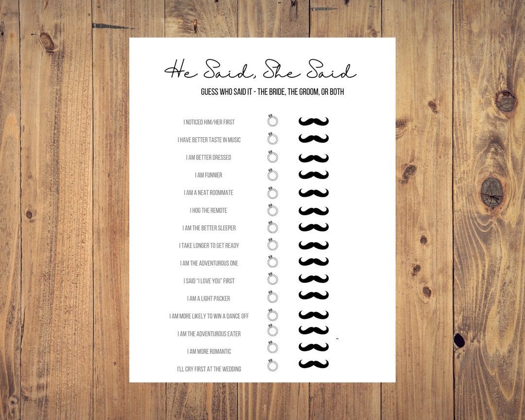 Printable Bridal Shower Game He Said She Said Game - Etsy