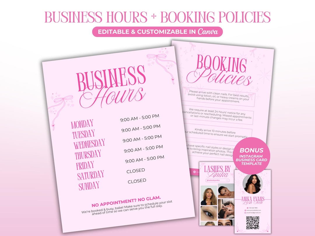 Lash Business Sign Template Business Hours Booking Policies Lash ...