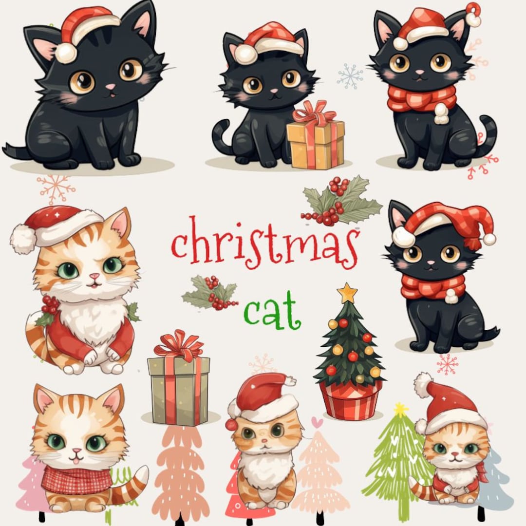 Christmas Cats Clipart PNG Cute Cat Cartoon Style Digital Download - Etsy