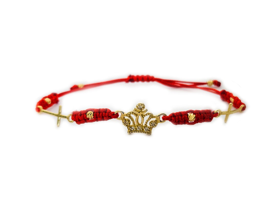 Red String Crown Bracelet 14K Gold Cross Bracelet Delicate Christian ...