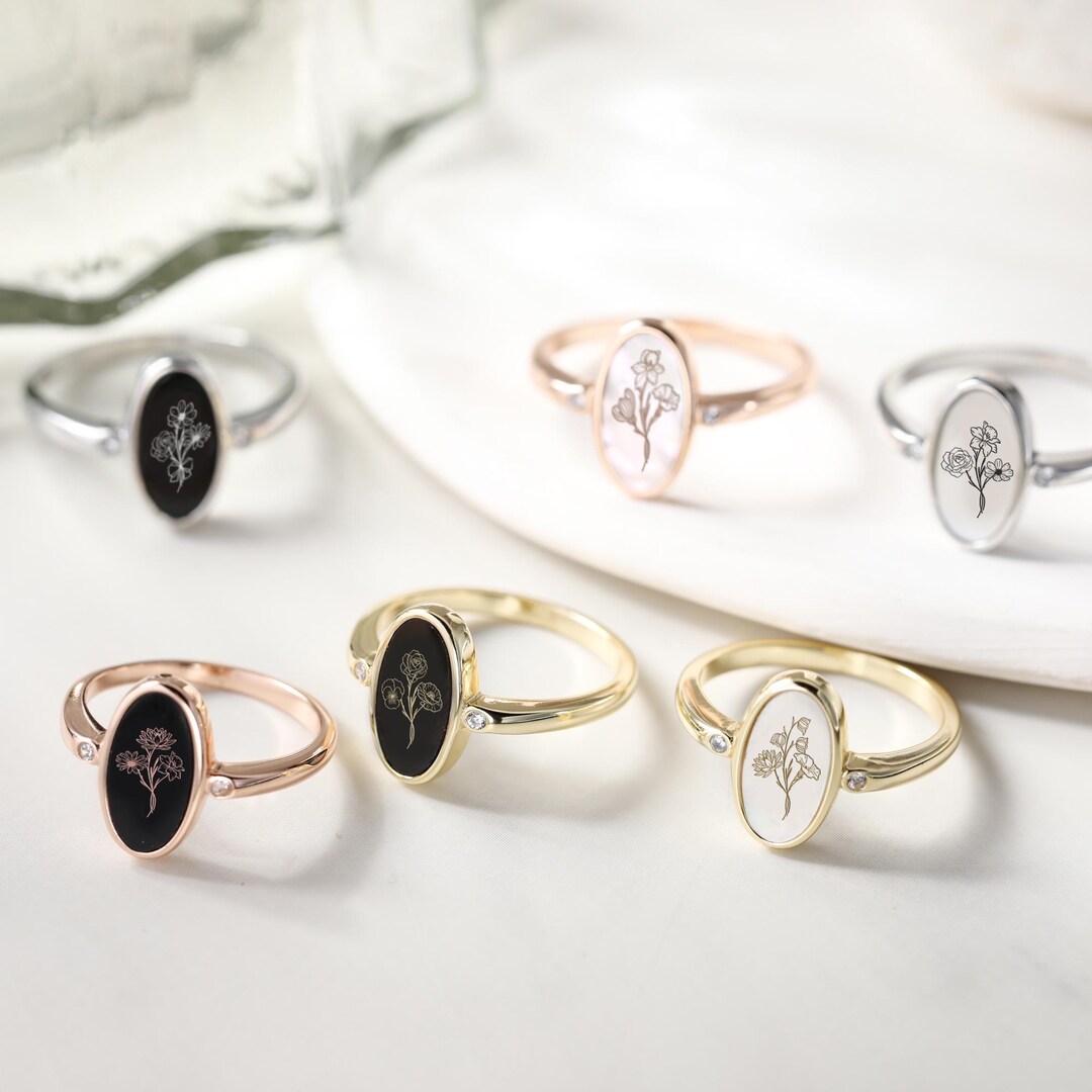 Oval Birth Flower Ring, Custom Floral Ring, Birthday Gift, Minimalist ...