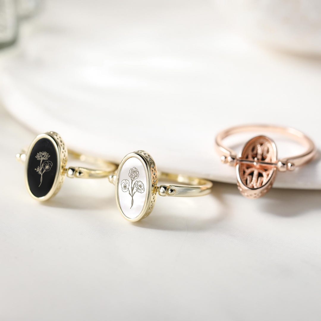 Personalized Vintage Birth Flower Ring, Custom Birth Month Jewelry ...