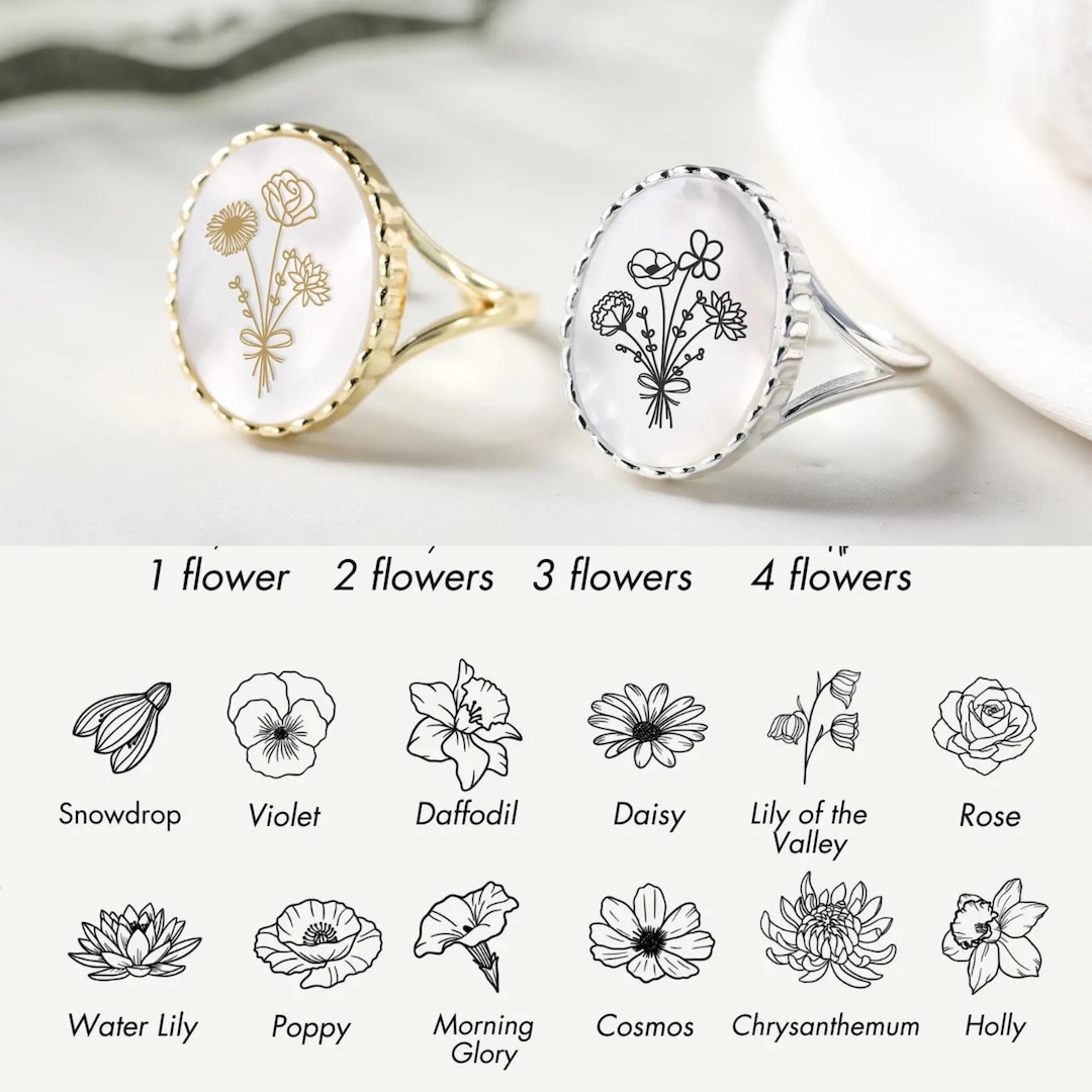 Personalized Birth Flower Ring | Custom Family Floral Ring | Engraved ...