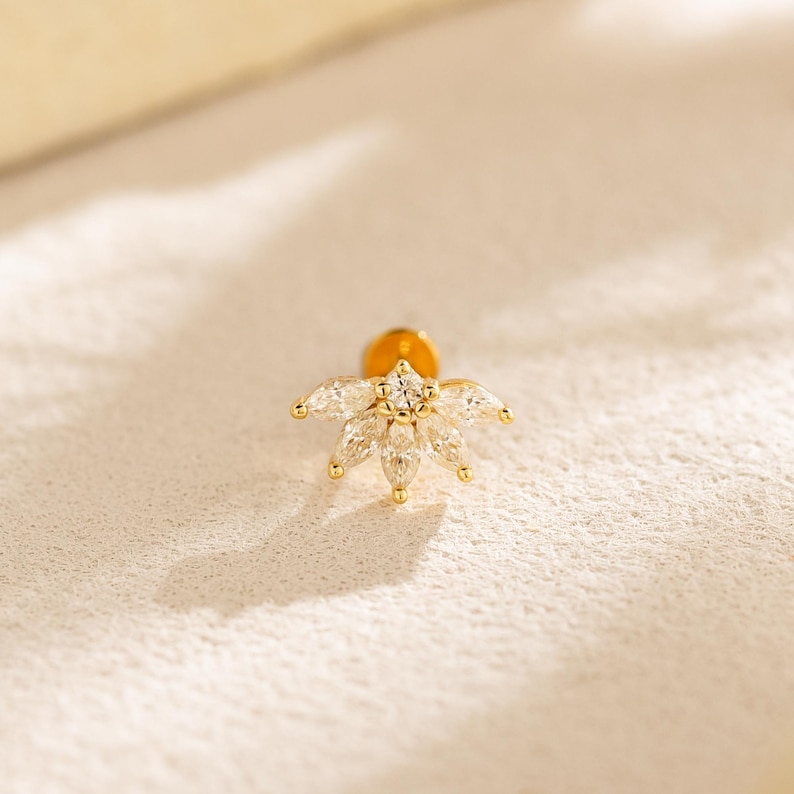 Lotus Moissanite Stud Earring, 14k Gold Sterling Silver Helix Tragus ...