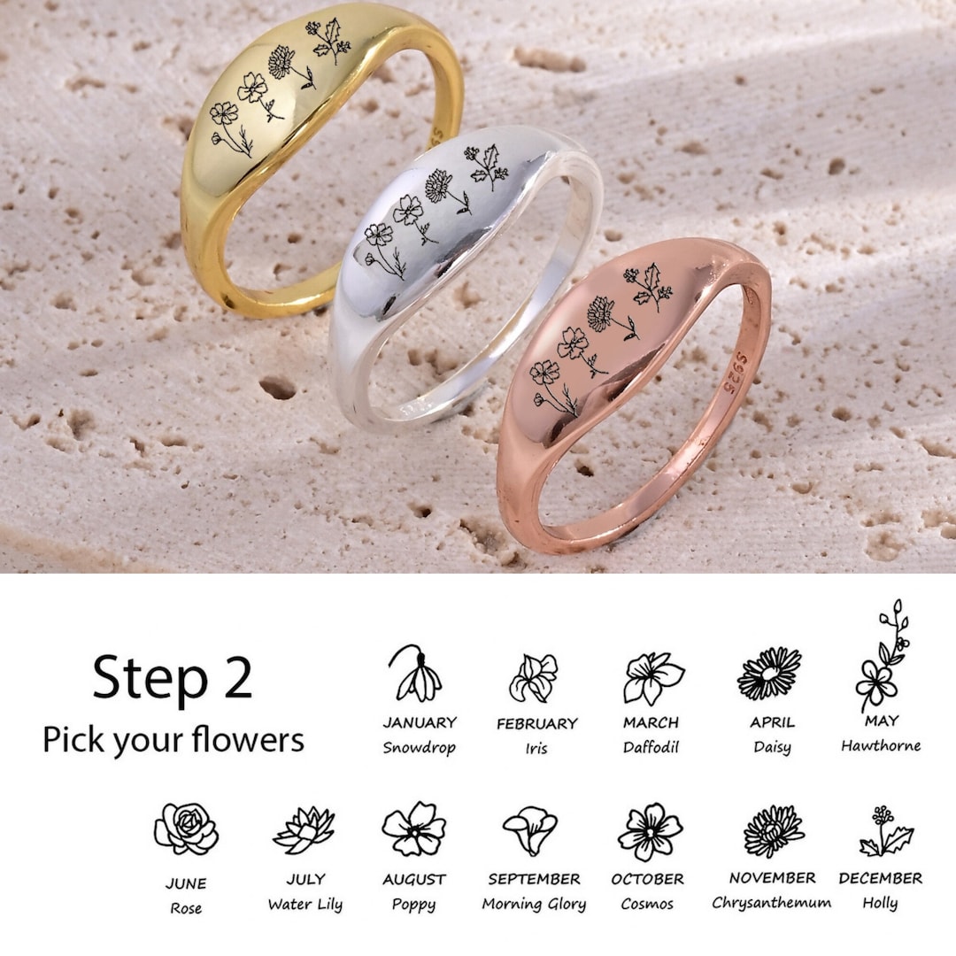 Custom Birth Flower Ring,engraved Flower Ring, Dainty Floral Ring ...