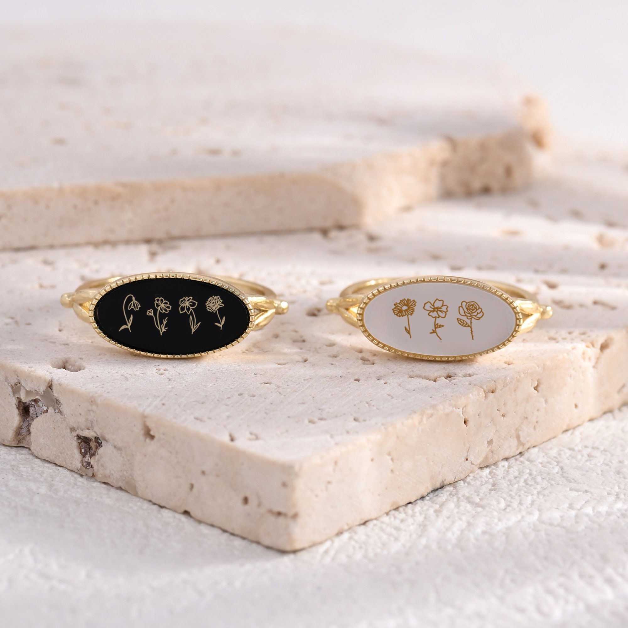 Personalized Birth Month Flower Ring: Black Agate & Pearl, Sterling ...