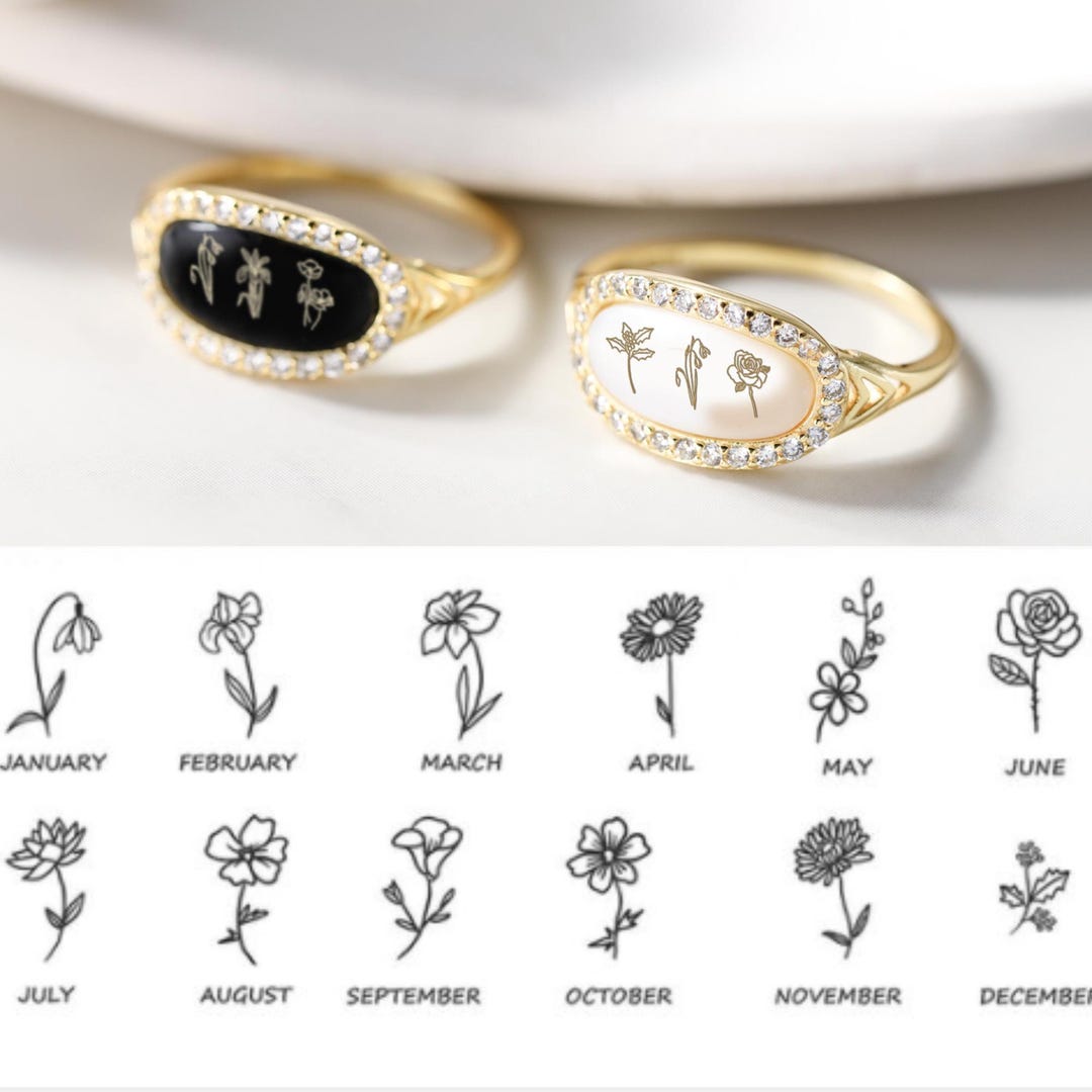 Custom Birth Flower Ring, Personalized Floral Ring, Engraved Birth ...