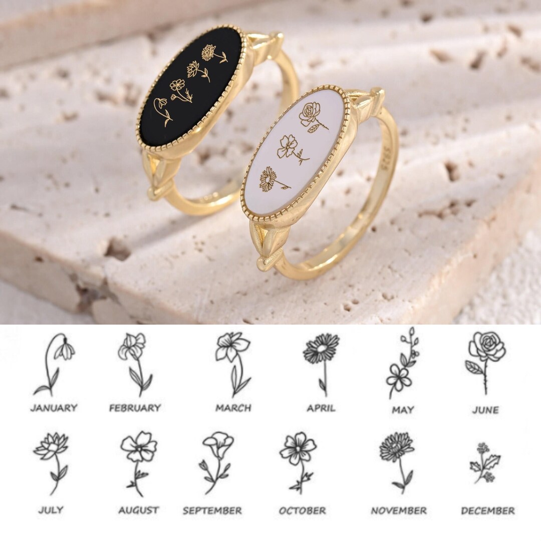 Personalized Birth Month Flower Ring, Custom Floral Ring, Black Agate ...