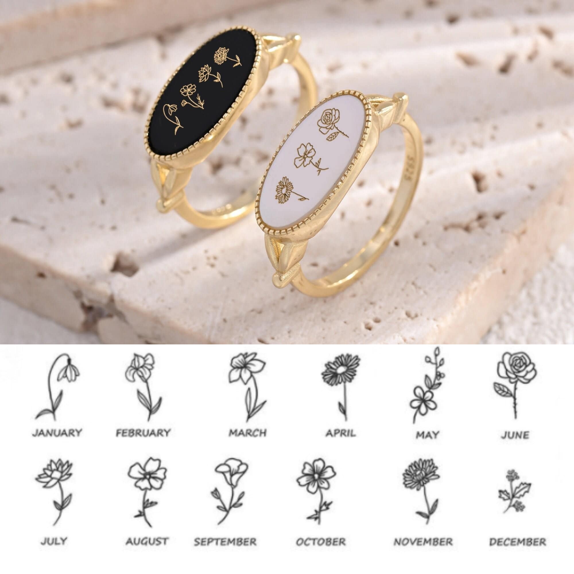 Personalized Birth Month Flower Ring: Black Agate & Pearl, Sterling ...