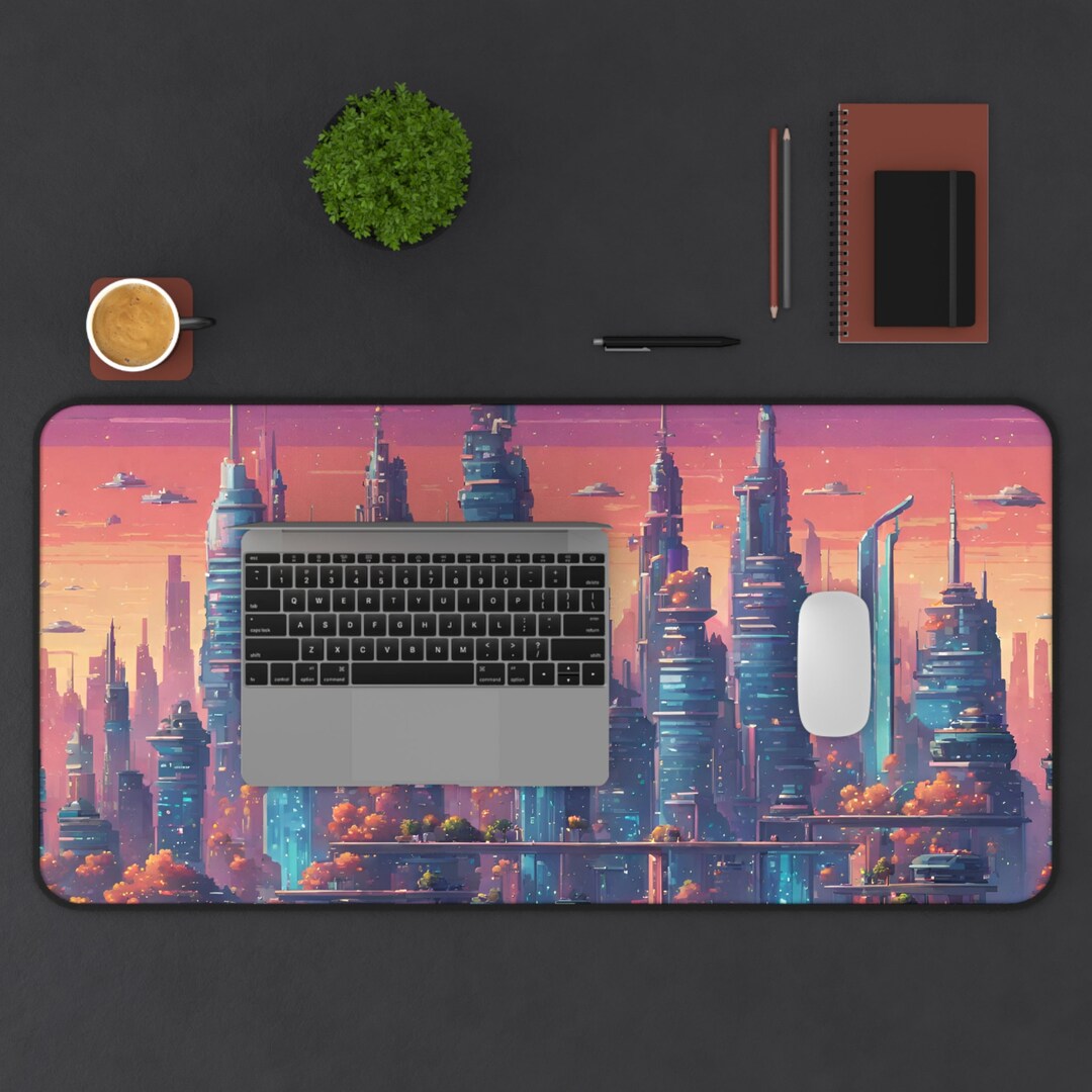 Pixel Like Futuristic City Desk Mat Long Desk Mats, Aesthetic Gaming ...