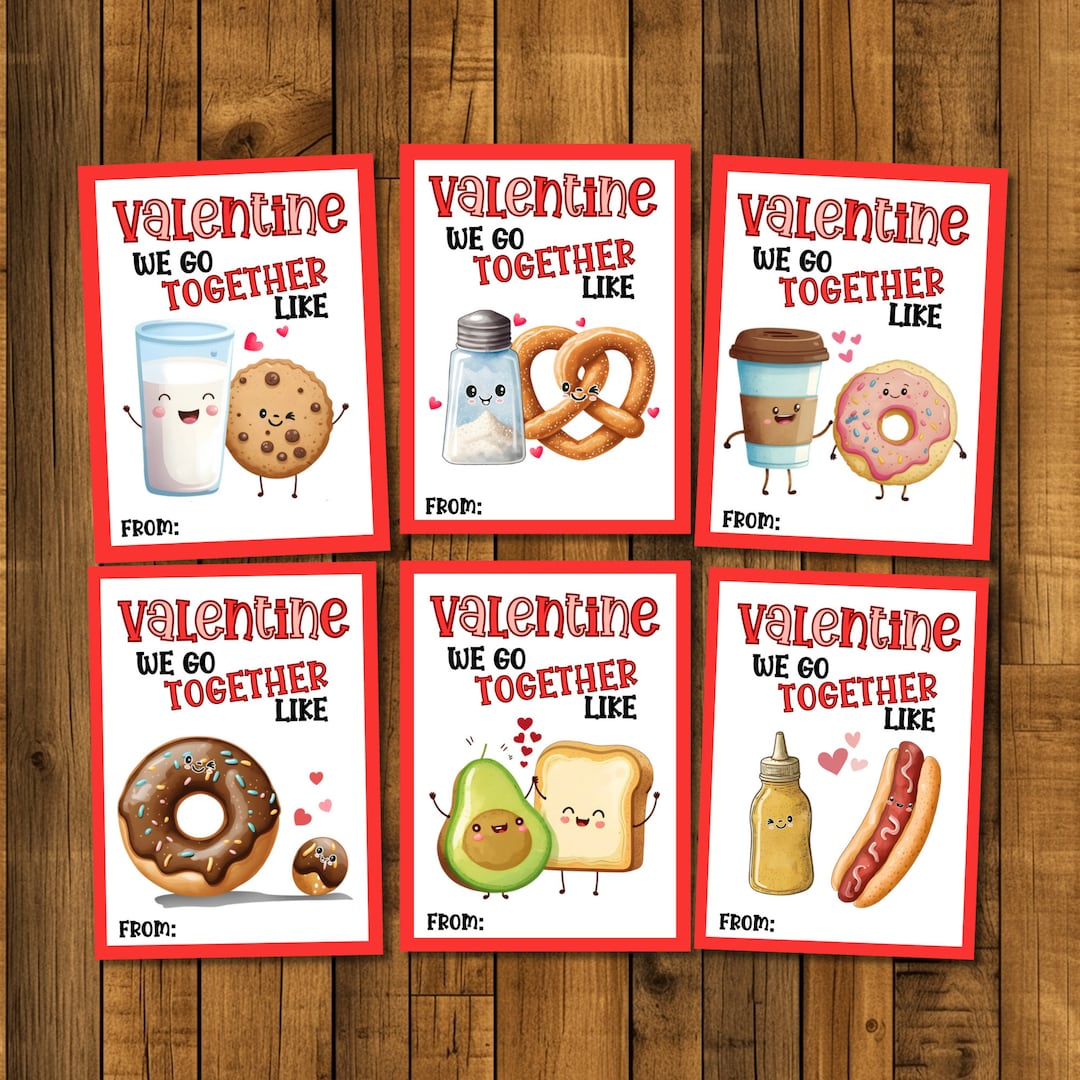Printable Valentine's Day Cards Cute Food Couples, Kawaii, Classroom ...