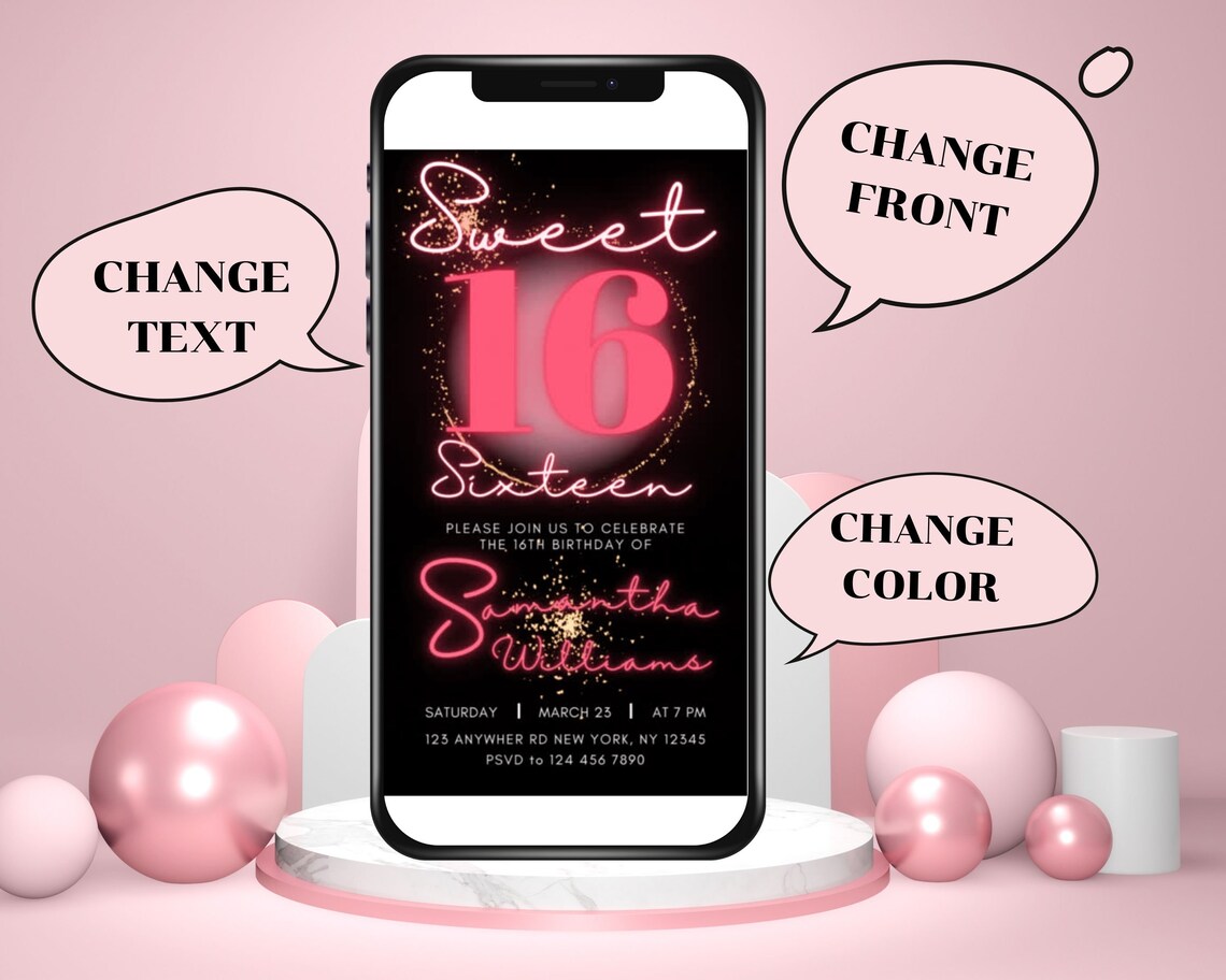 Digital Sweet Sixteen Neon Invitation, Animated Sweet Sixteen ...