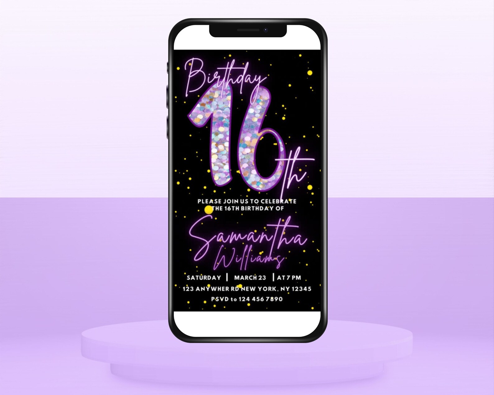 Digital Purple Sweet 16th Birthday Neon Invitation, Digital Sweet ...