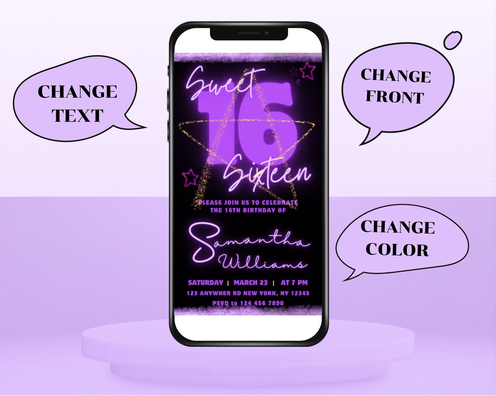 Digital Purple Sweet Sixteen Neon Invitation, Animated Sweet Sixteen ...