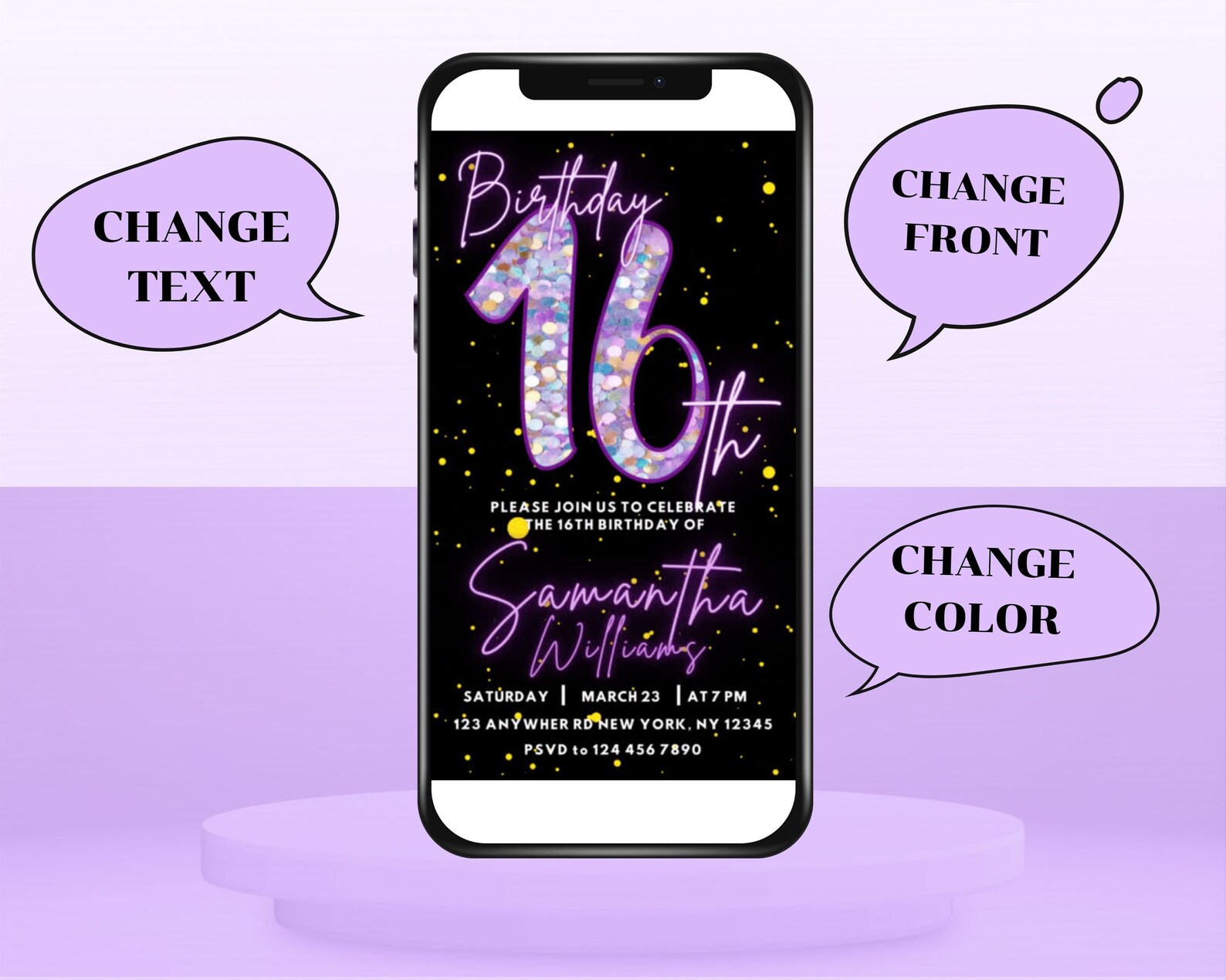 Digital Purple Sweet 16th Birthday Neon Invitation, Digital Sweet ...