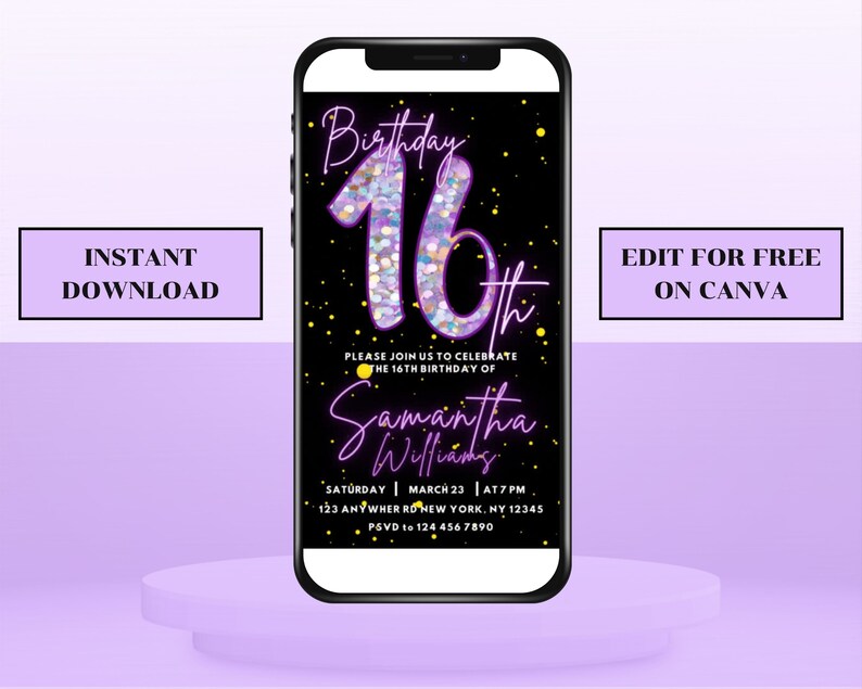 Digital Purple Sweet 16th Birthday Neon Invitation, Digital Sweet ...