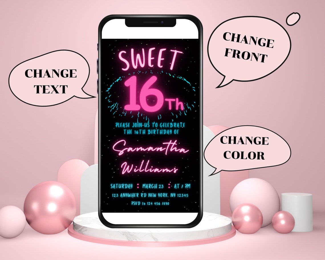 Digital Neon Sweet Sixteen Invitation, Digital Invite Sweet 16th Party ...