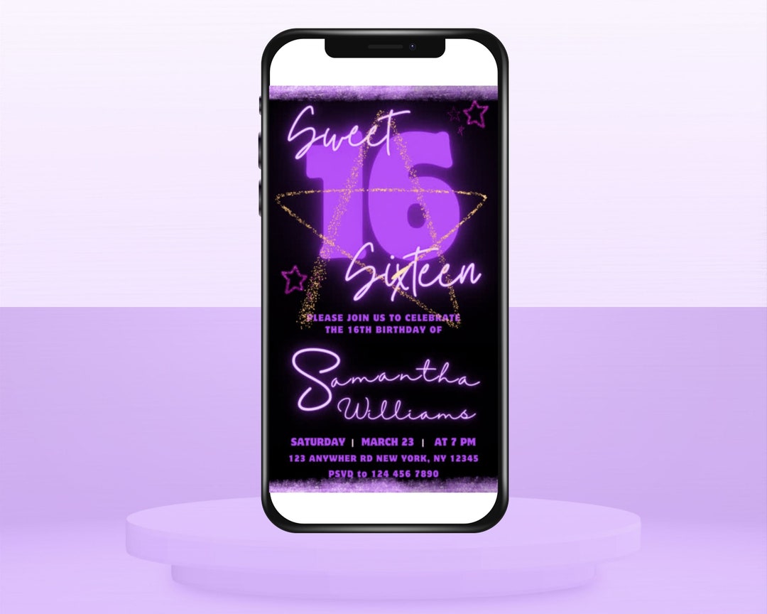 Digital Purple Sweet Sixteen Neon Invitation, Animated Sweet Sixteen ...