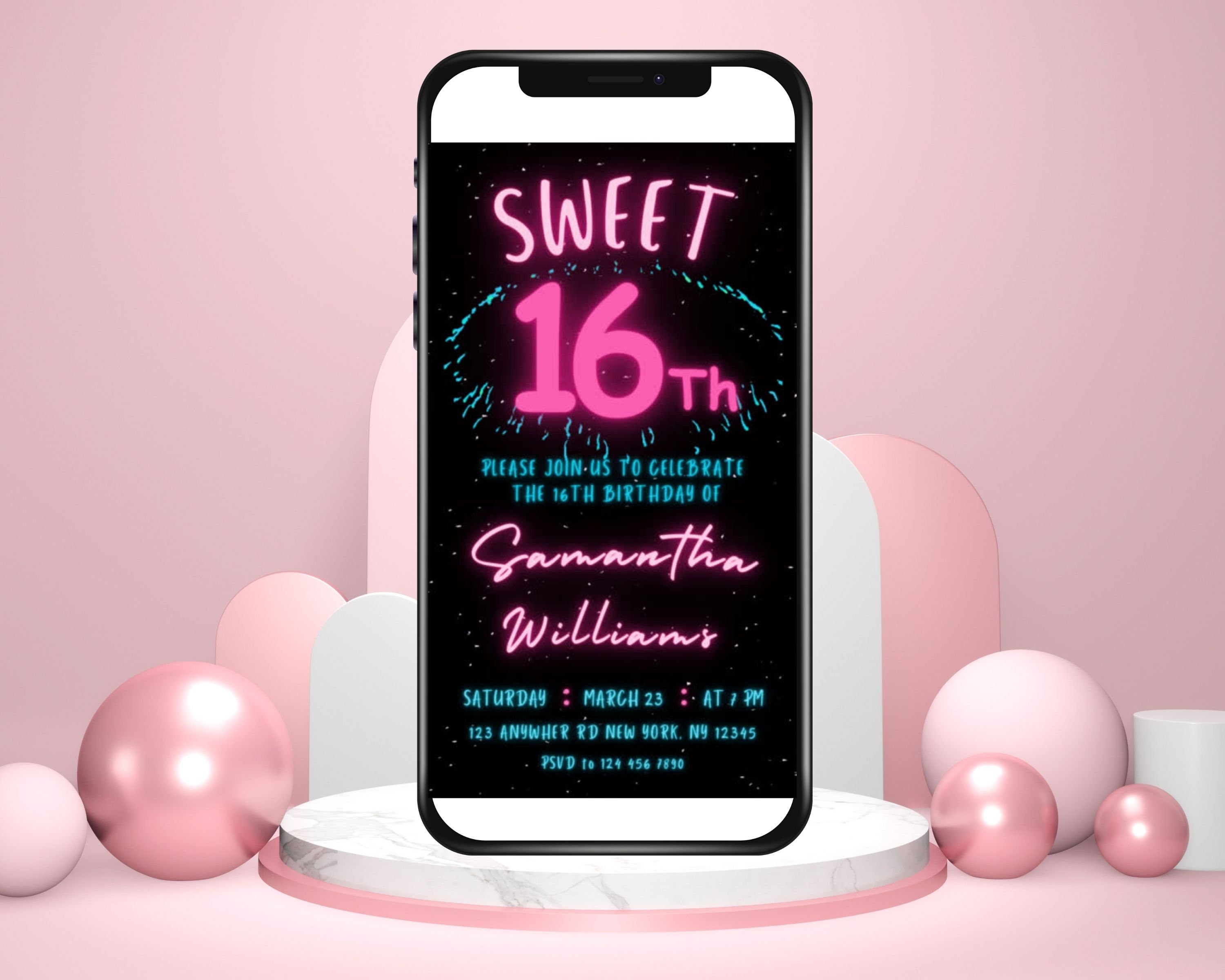 Digital Neon Sweet Sixteen Invitation, Digital Invite Sweet 16th Party ...