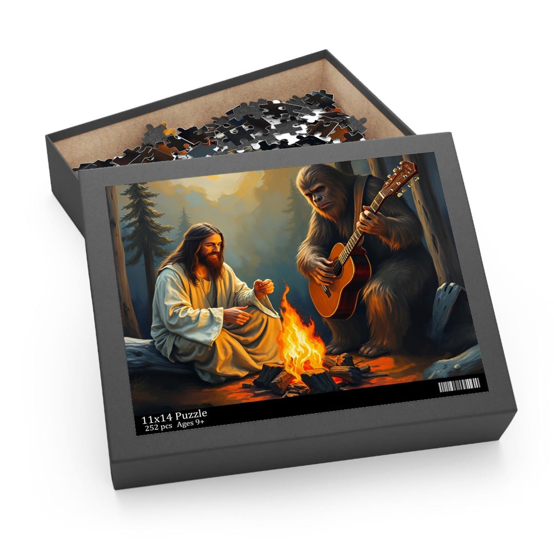 Puzzle, Bigfoot and Jesus Campfire Jam Session Jigsaw, Adult Puzzle ...
