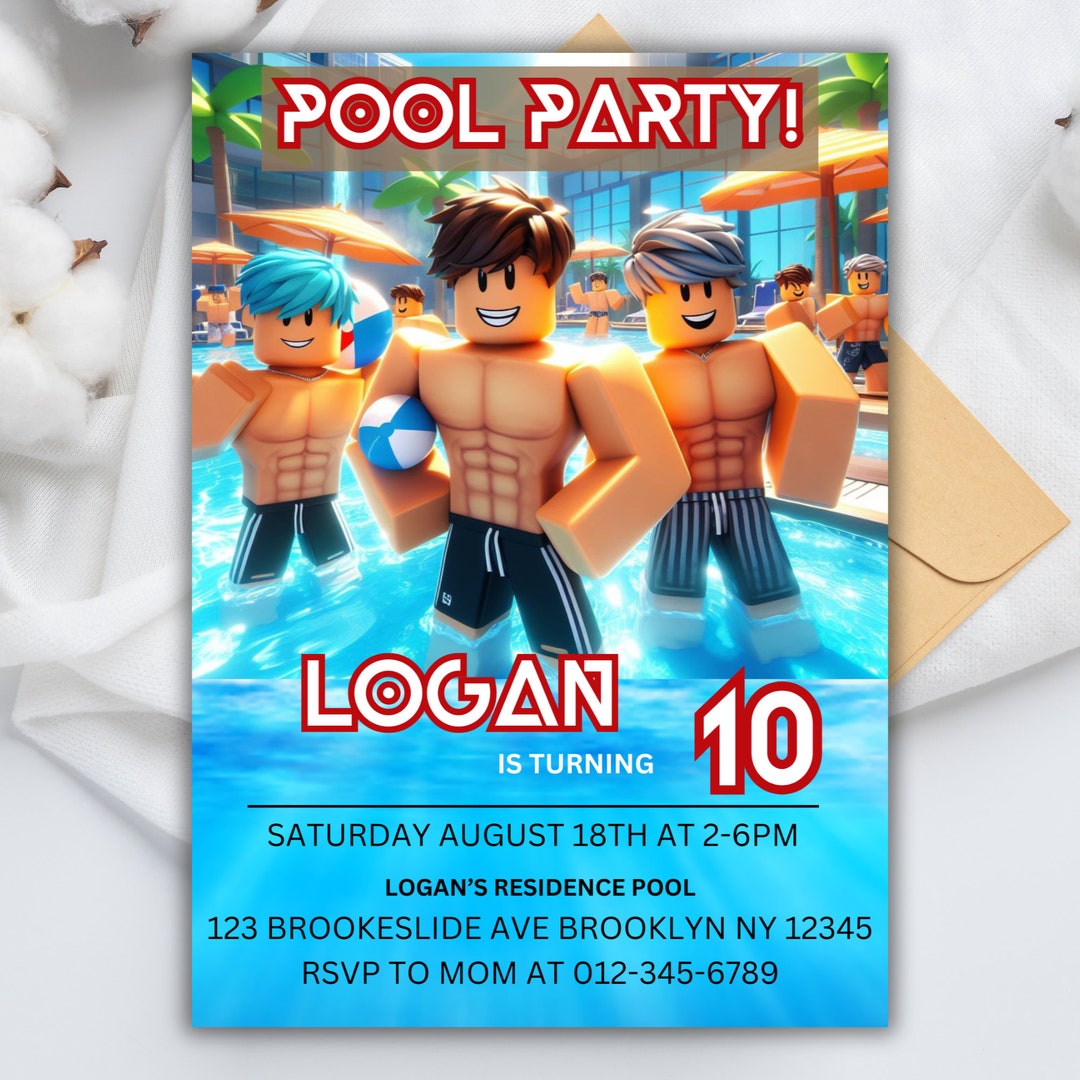 Roblox Pool Party Birthday Invite, Roblox Birthday Party Invitation ...