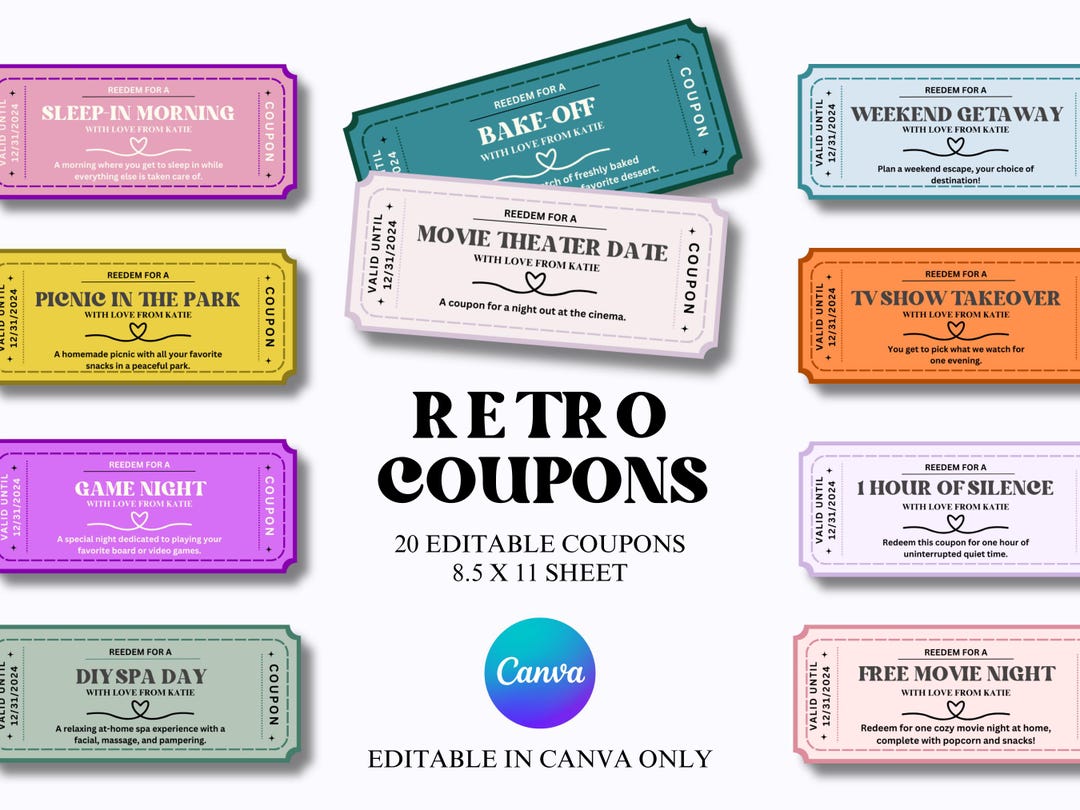 Retro Coupon Template: Editable Love Coupons, Birthday Gift (digital ...