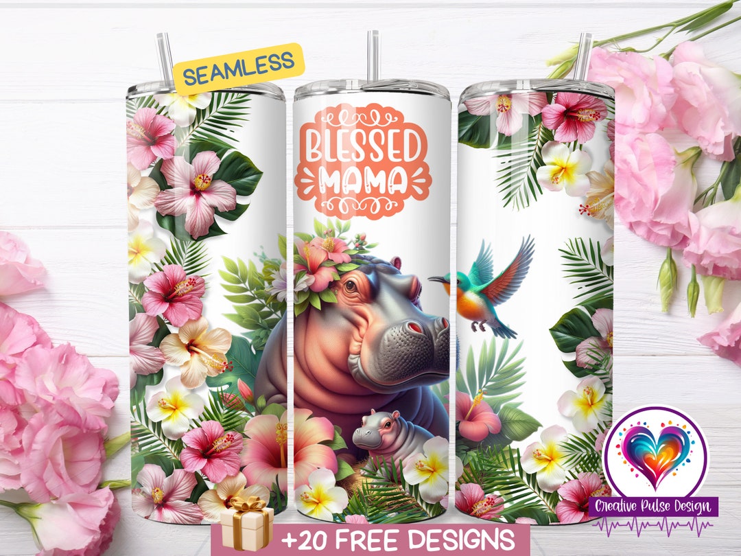 Blessed Mama Hippo Tumbler Wrap, Floral Sublimation Design for 20 Oz Skinny Tumblers, Colorful ...