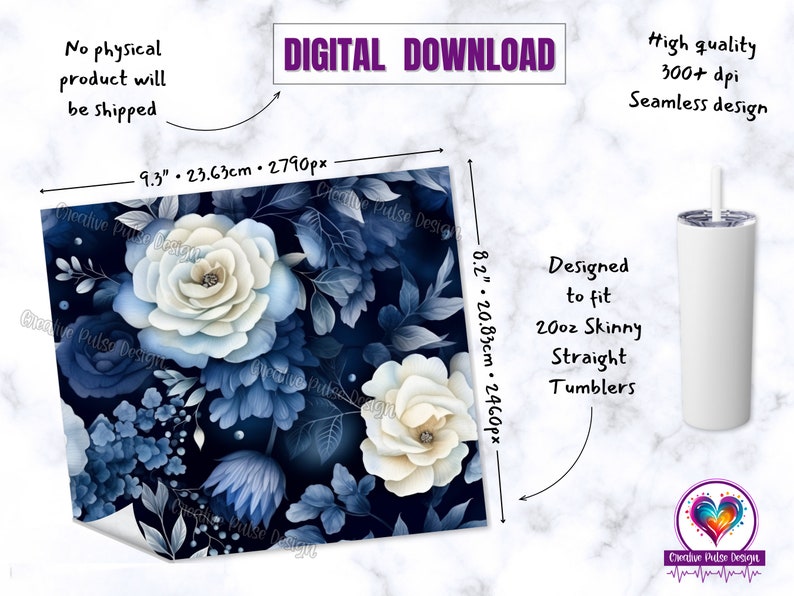 Blue Floral Tumbler Wrap, 20oz Skinny Tumbler Wrap, Sublimation Design ...