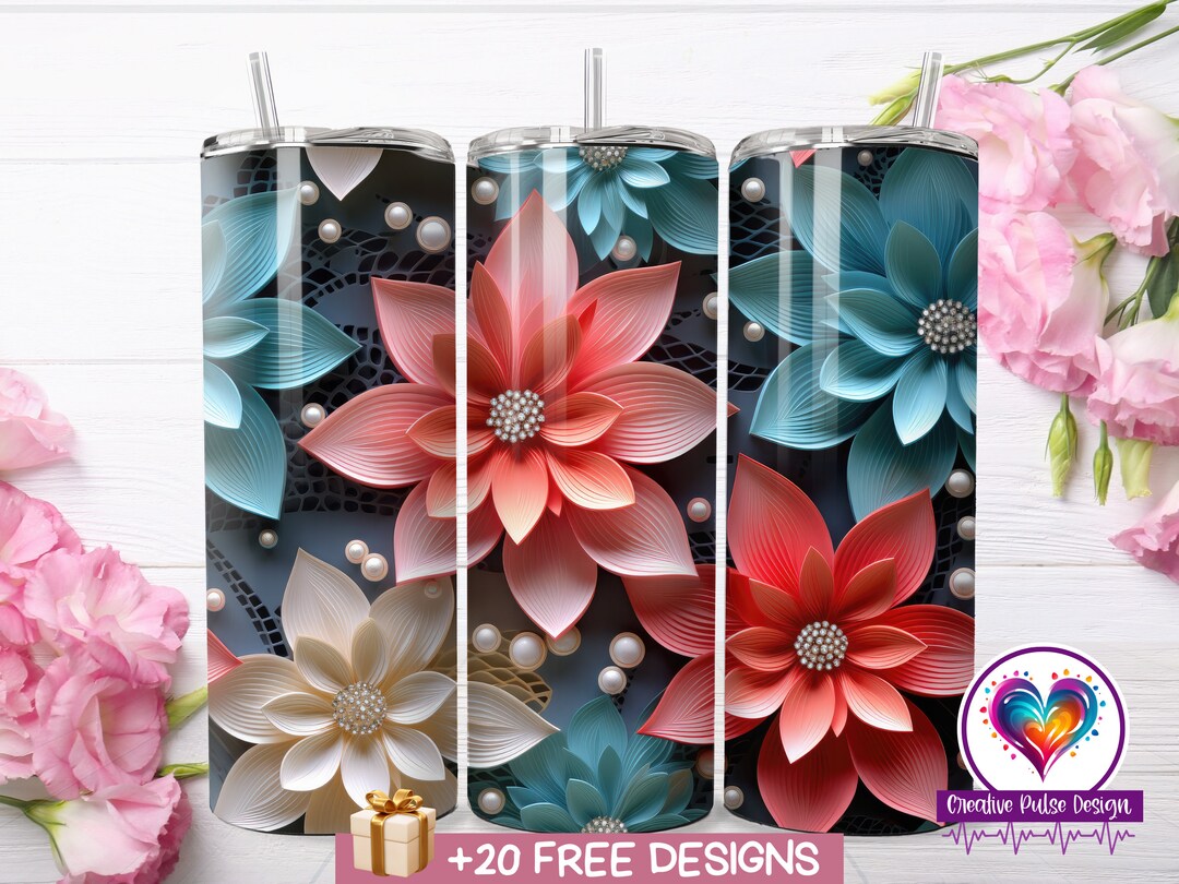 3D Red White & Blue Flowers and Pearls, 20 Oz Skinny Tumbler, Sublimation Design, Floral 20 Oz ...
