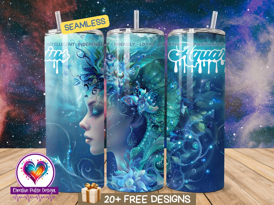 Aquarius Tumbler Wrap: Celestial Zodiac PNG, 20oz Skinny Tumbler ...