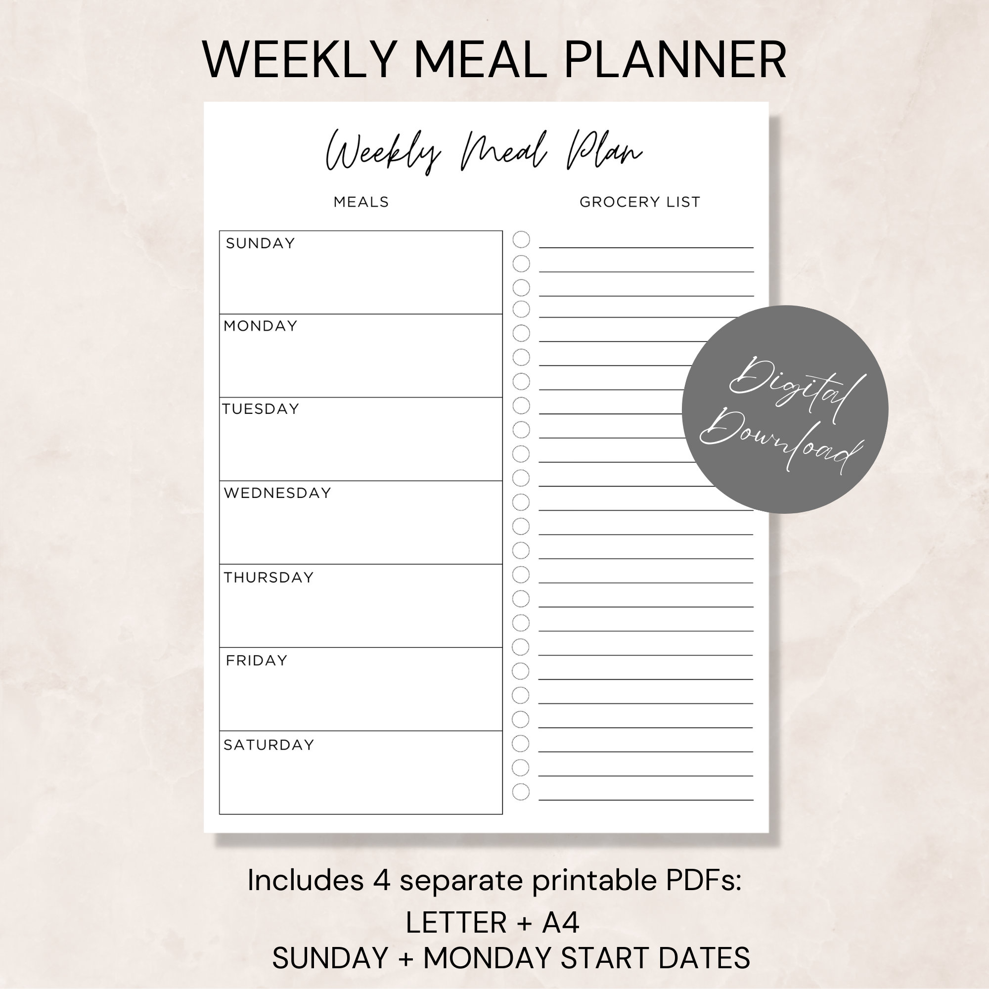 Weekly Meal Planner and Grocery List, Printable Meal Plan - Etsy