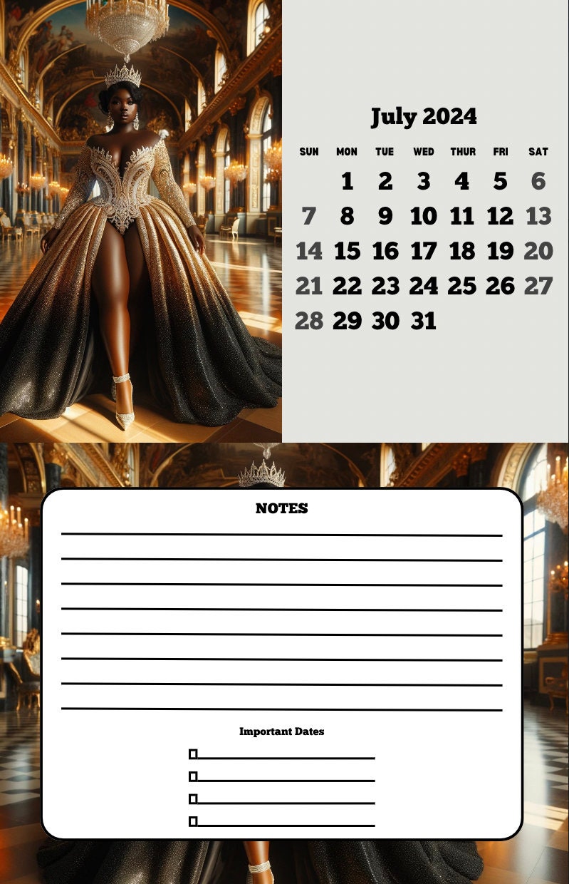 2024 African American Princess Printable Calendar, Black Woman, Planner ...