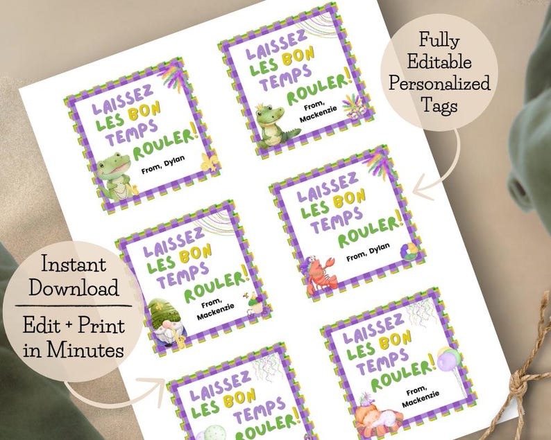 Editable Mardi Gras Gift Tags – Party Favor Treat Bag Designs (digital ...